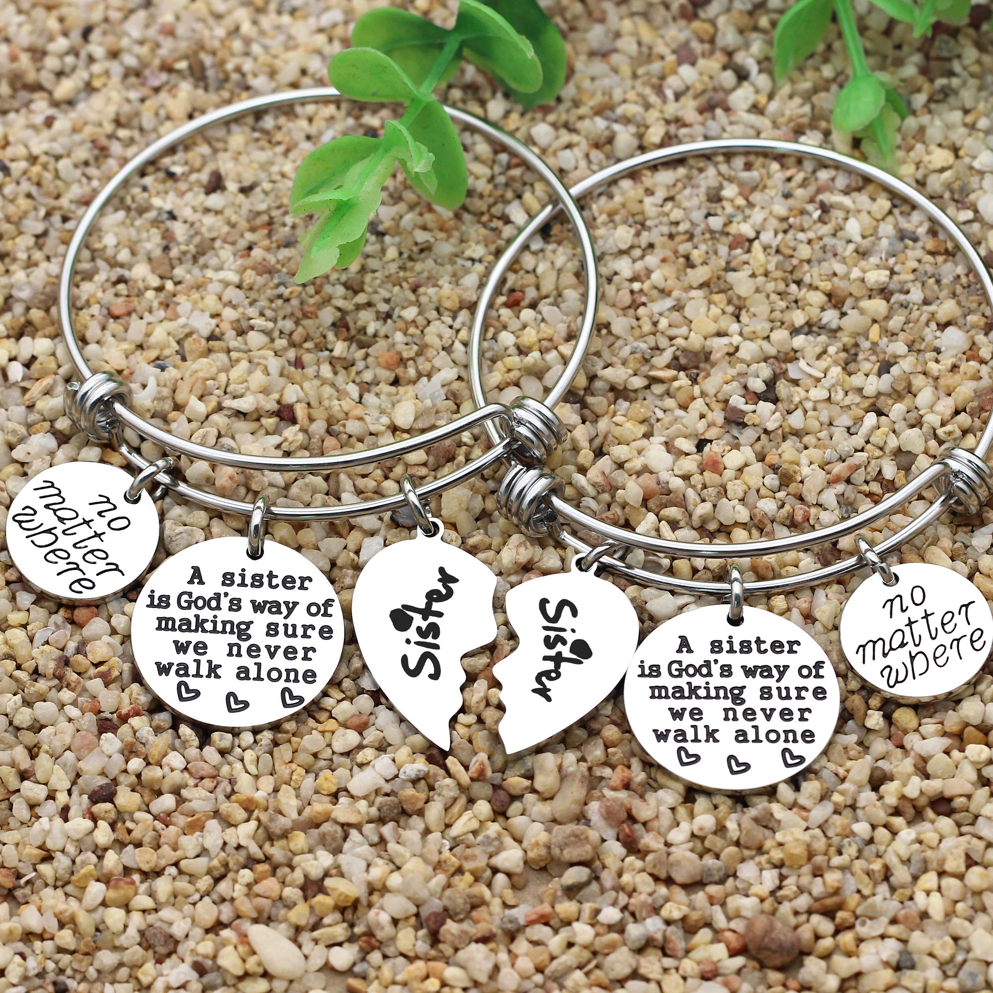 JQFEN No Matter Where Sister Bracelets 2 Pcs Broken Heart Round Charm Bangles for Sister Daughter