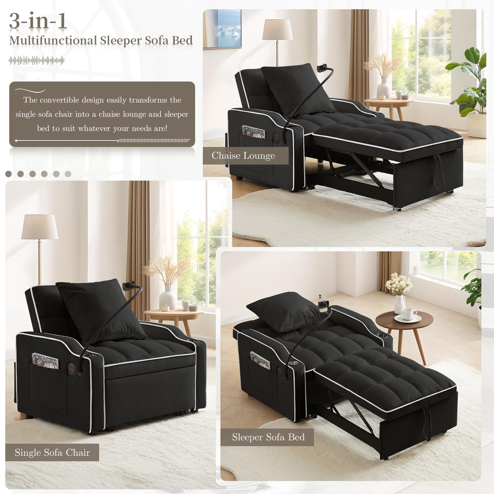 Sleeper Chair Bed,3 in 1 Velvet Convertible Single Pull Out Couch Bed with Phone Holder&USB/Type C Ports,Adjustable Backrest Chaise Lounge Armchair Sofa Bed for Living Room,Office,Small Places(Black)