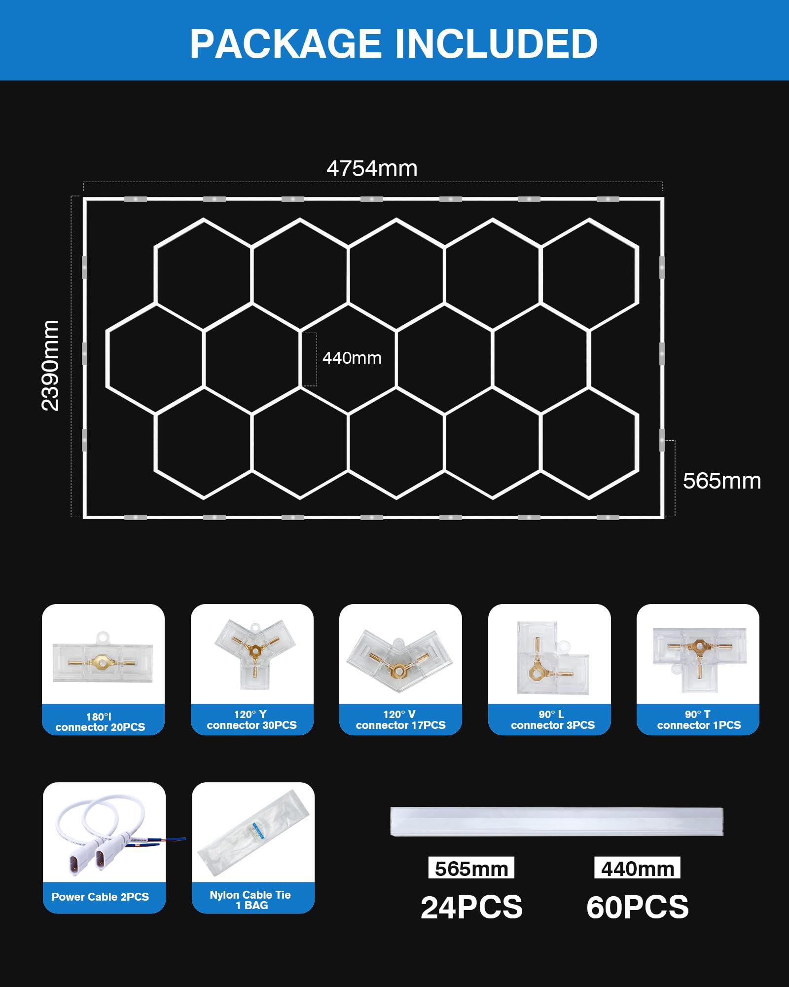 WTLI LED Hexagon Garage Light, 6500K Honeycomb Light 15 Hexagonal Light with Rectangle Border for Garage Workshop Warehouse 60600LM,IP54, 720W