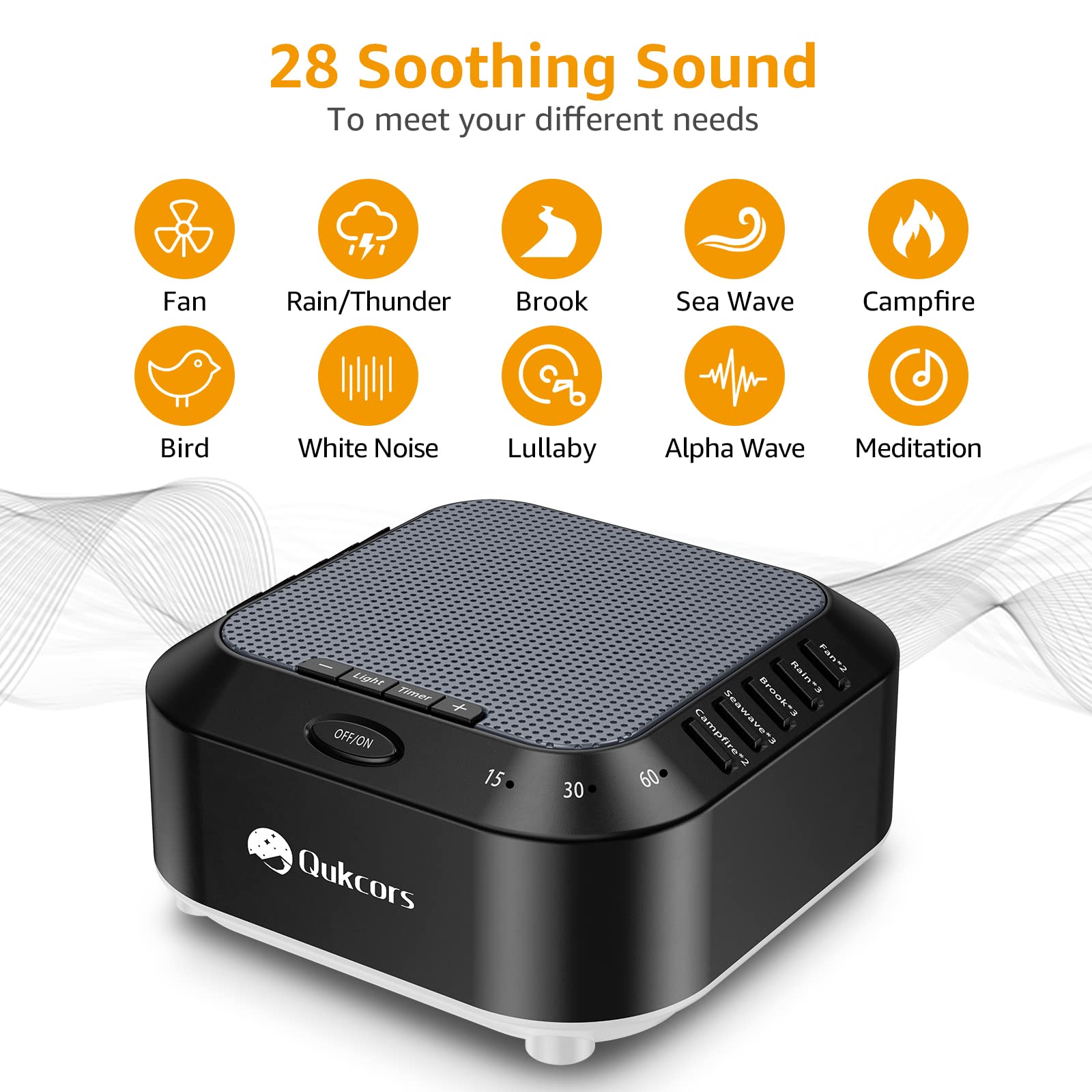 Qukcors White Noise Machine, Sleep Sound Machine with 28 Soothing Sounds, Sound Machine with Auto-Off Timer, Memory Function & Night Light for Sleeping, Sound Therapy for Baby, Kids and Adults