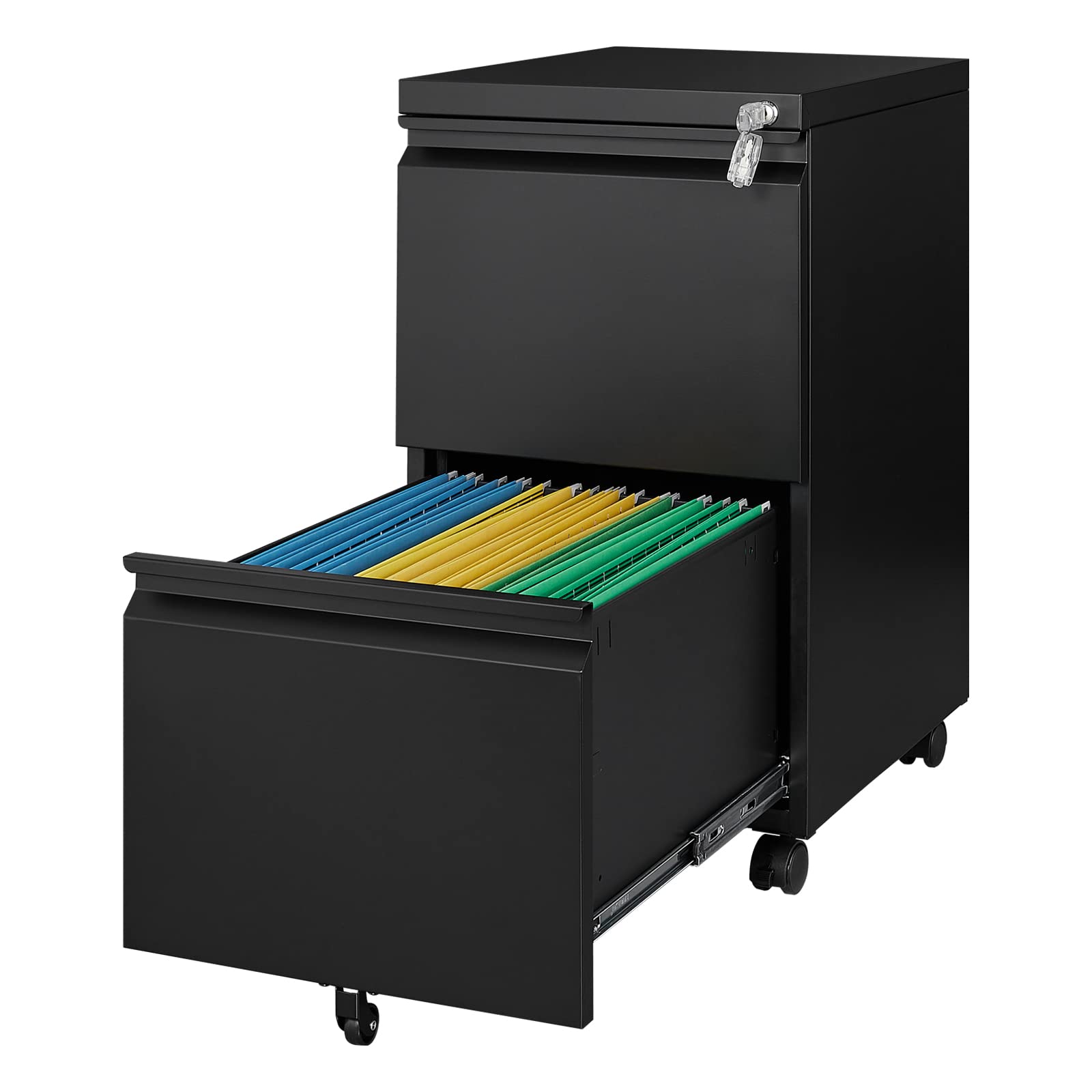 LISSIMO 2 Drawer Metal File Cabinet, Rolling File Cabinet with Lock for Hanging Legal/Letter Size,Under Desk Filing Cabinet for Home Office Assembly Required Black