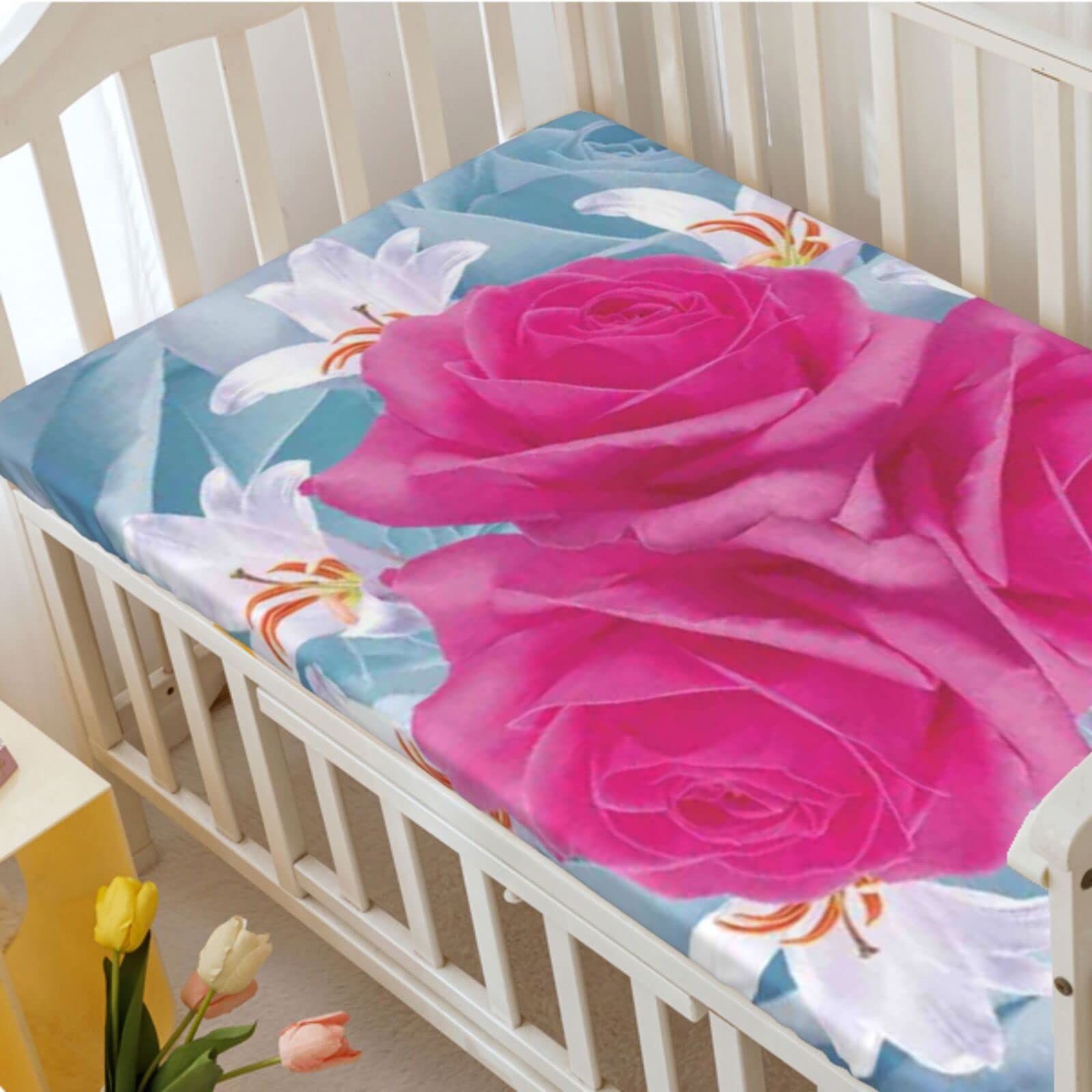 Rose Themed Fitted Crib Sheet,Standard Crib Mattress Fitted Sheet Soft & Stretchy Fitted Crib Sheet-Baby Crib Sheets for Girl or Boy,28β x52β,Fuchsia Blue