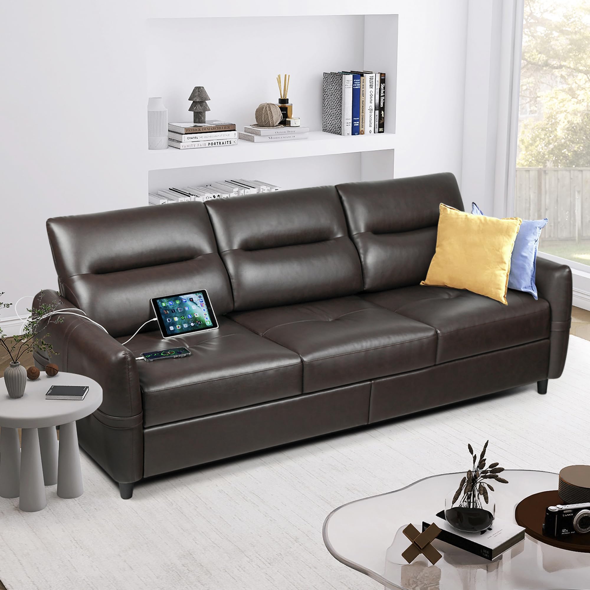 STHOUYN 85β Faux Leather Sofa Brown Leather Couch with USB, Mid Century Modern 3 Seater Couches Sofas Living Room, Apartment Couch, Large Office Sofa Couch, Stain Resistant & 3 Tufted Cushion (Brown)