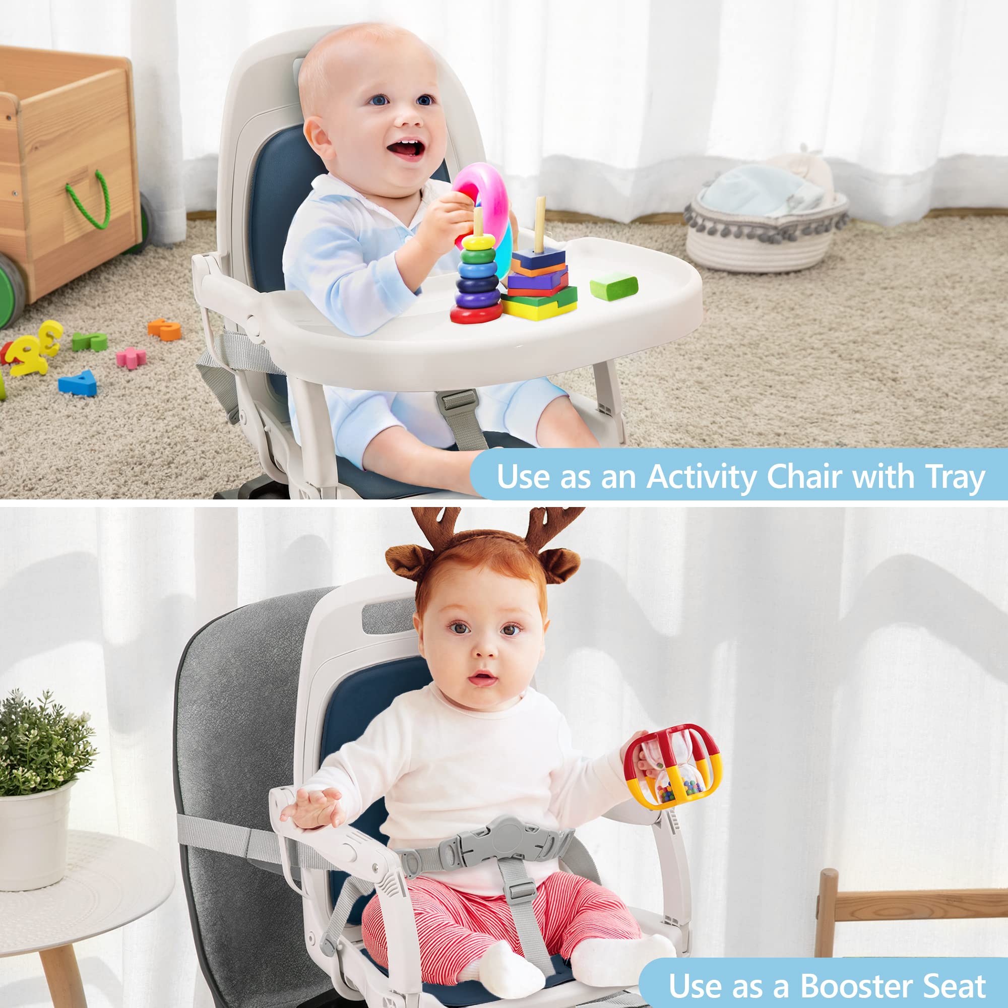 TILLYOU Foldable Baby with Removable Tray, Portable High Chair for Dining Table, Traveling, Adjustable 5-Position Height Baby Chair, Deep Blue