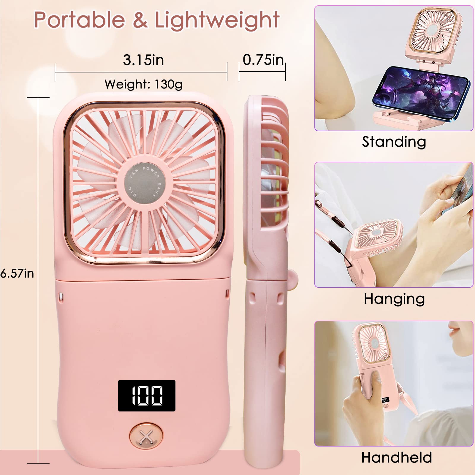Portable Mini Fan, 3000mAh Battery Operated Fan, 3 Speeds Rechargeable Fan, Phone Bracket & Power Bank Function, Foldable Design, Power indicator - Handheld Cooling Fan for Quiet Use (Black)