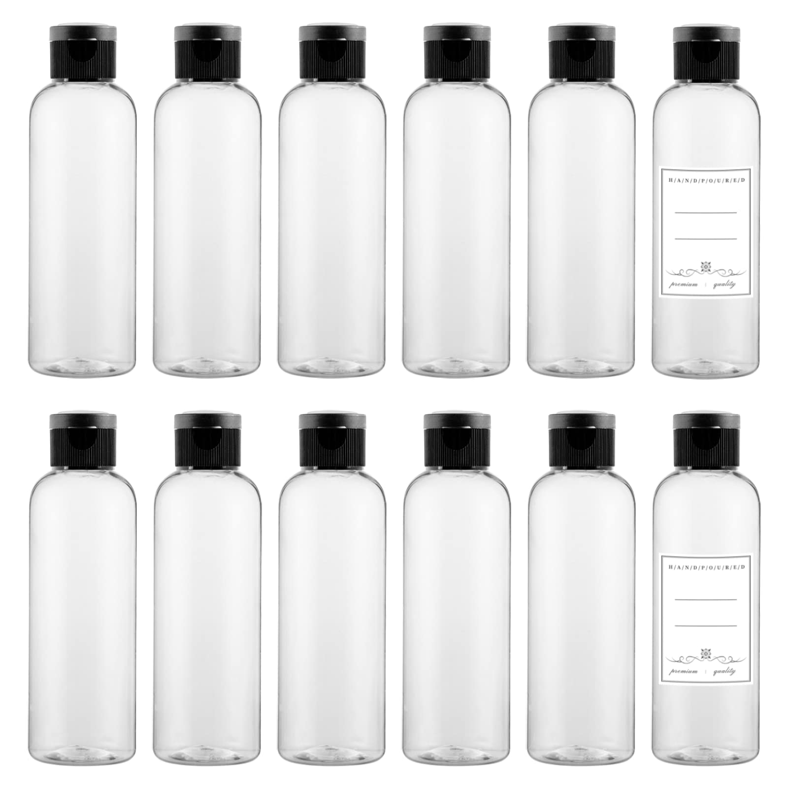Qeirudu 3.4 oz Travel Bottles with Black Flip Cap and Labels, 12 Pack Clear Empty Squeeze Bottles Plastic Lotion Containers for Cream, Shampoo, Conditioner
