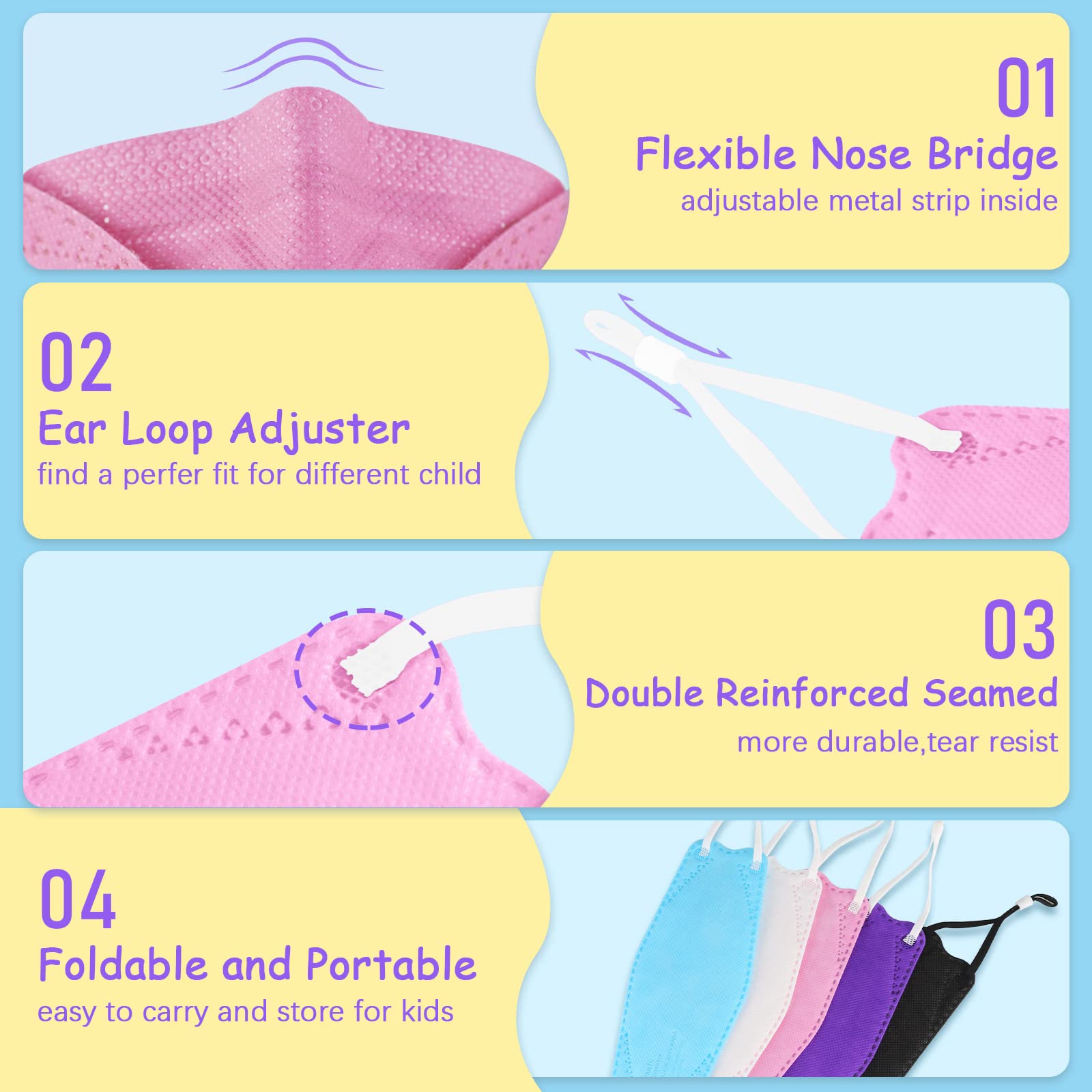 RANTO Kids KN95 Masks for Children 50 Pack, KN95 Mask 4-Ply with Ear Loop Adjuster, Against PM2.5 Dust for Girls Boys