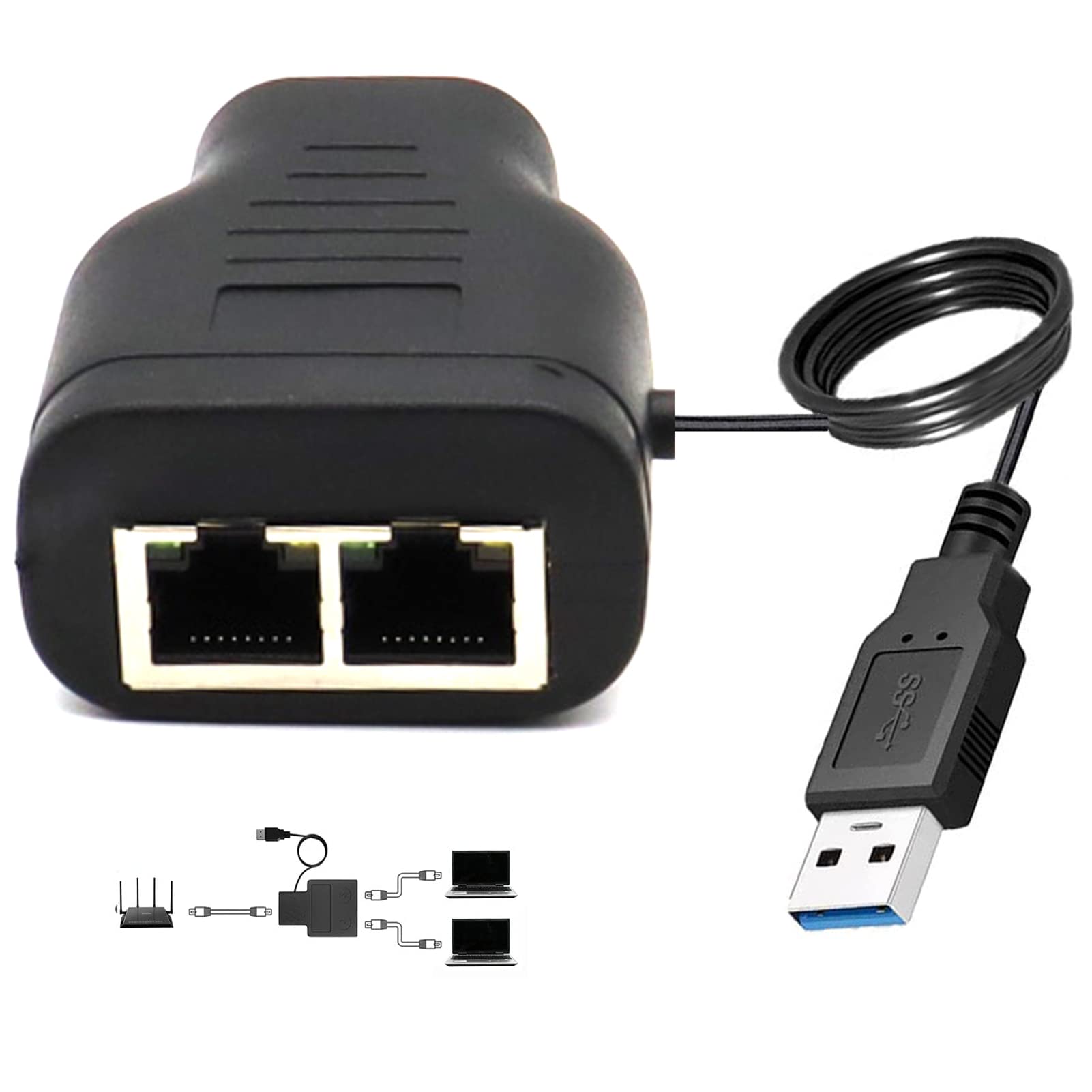 RJ45 Splitter Adapter, MOTONG RJ45 1 to 2 LAN Network Ethernet Adapter Converter Female to Female for Cat7/Cat6/Cat5, with USB Power Cable