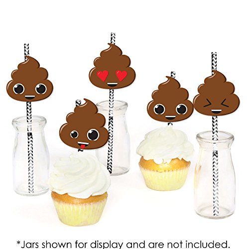 Party 'Til You're Pooped - Paper Straw Decor - Poop Emoji Party Striped Decorative Straws - Set of 24