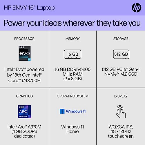 HP Envy 16 inch Laptop, WQXGA 48-120Hz Display, Intel Evo Powered by 13th Generation Intel Core i7-13700H, 16 GB RAM, 512 GB SSD, Intel Arc A370M Graphics, Windows 11 Home, 16-h1010nr (2023), Silver