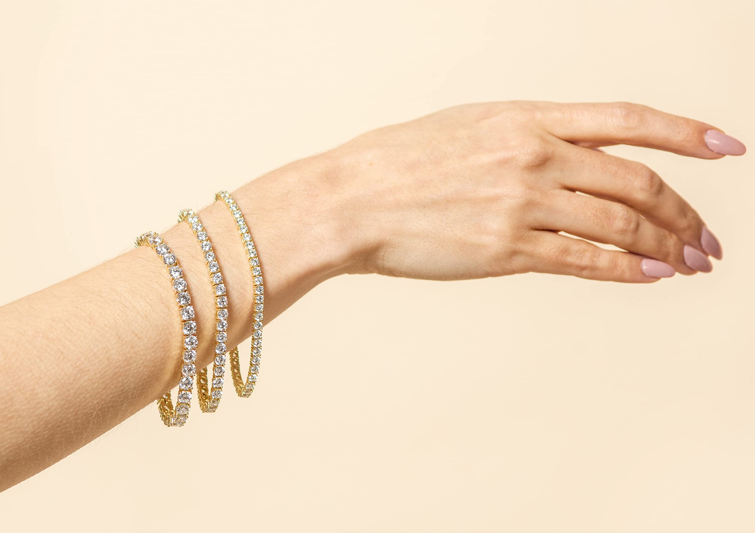 Olive & Chain Diamond CZ Tennis Bracelet, Set in 925 Sterling Silver with 14k Yellow Gold Plating, Unisex Men’s Women’s
