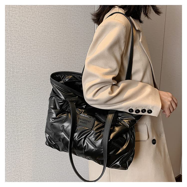 olues Big capacity Fashion Women Winter Bag Comfortable Puffer Quilted Tote Handbag Soft Shoulder Bag (Black)