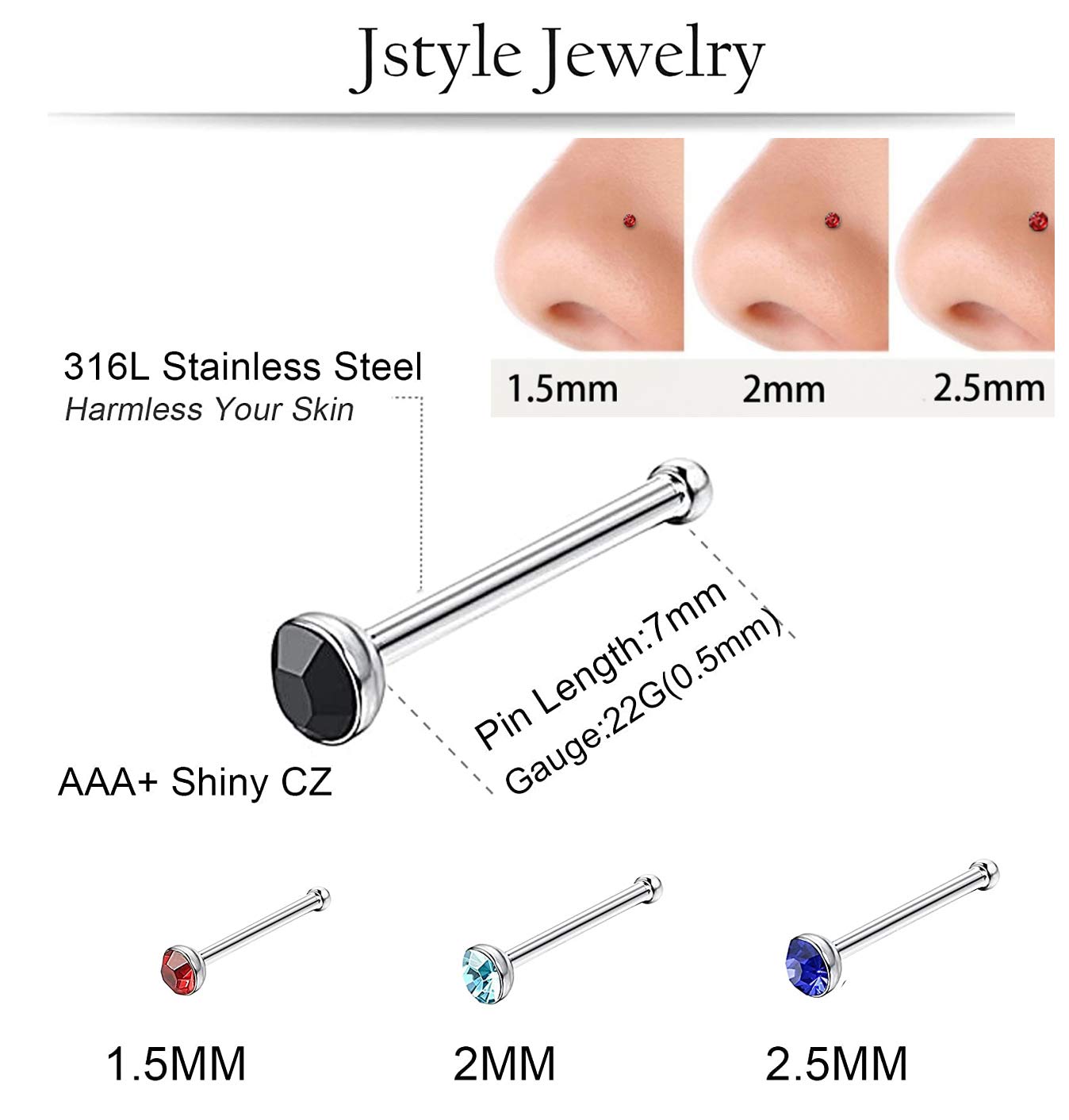 Jstyle 22G 60 Pcs Stainless Steel Nose Studs Rings Piercing Pin Body Jewelry Cai 1.5mm