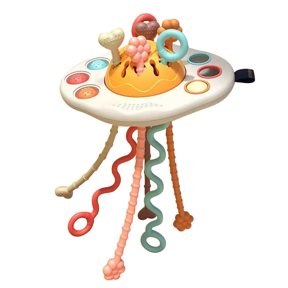 Silicone Pull String Interactive Toy,Toddlers Montessori Toys Interactive Learning Sensory Development,UFO Travel Toy for Baby 18+ Months, Food Grade Silicone Fine Motor Skills Toys