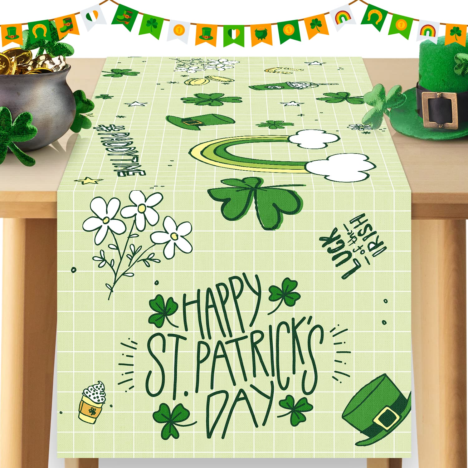 St Patricks Day Table Runner, Opawel Lucky Shamrock Seasonal Spring Holiday Kitchen Dining Table Decor for St Patricks Day Decoration Indoor Outdoor Home Party Decor