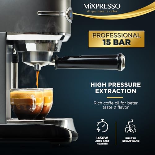 Mixpresso Professional Espresso Machine for Home 15 Bar with Milk Frother Steam Wand, Espresso Maker with Double-Cup Splitter, 1450w Fast Heating, Cappuccino and Latte machine with 37Oz Tank
