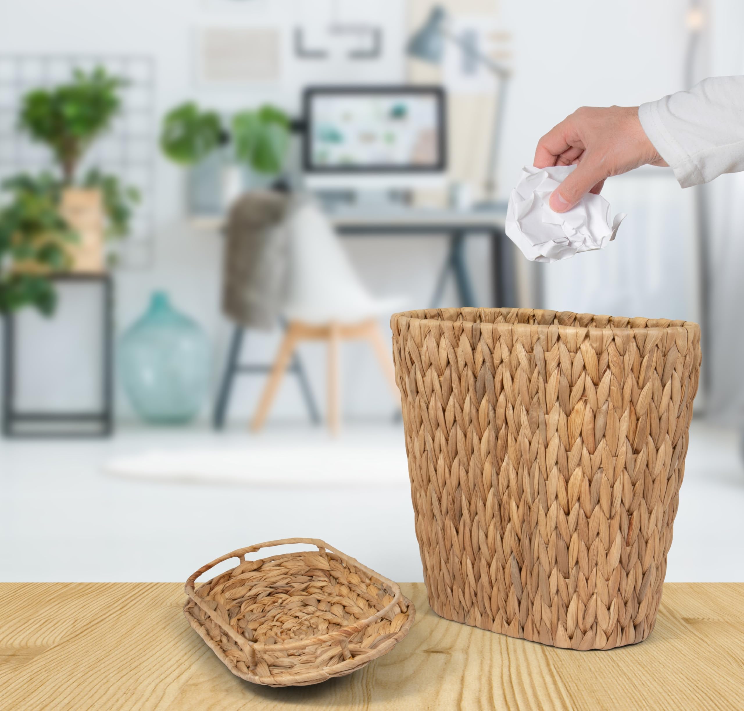 SNOWECRAFT 2-Pack Slim Wicker Basket with Lid β Small Waste Basket for Narrow Spaces | Rattan Decor - Handwoven Water Hyacinth Baskets and Covers | Covered Trash Can - Set of Two