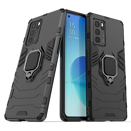 SATURCASE Case for Oppo Reno 6 Pro 5G, Ring Kickstand Hybrid 2 in 1 [PC & Silicone] Dual-Layer Bumper Shockproof Protective Cover for Oppo Reno 6 Pro 5G (HZ-Black)