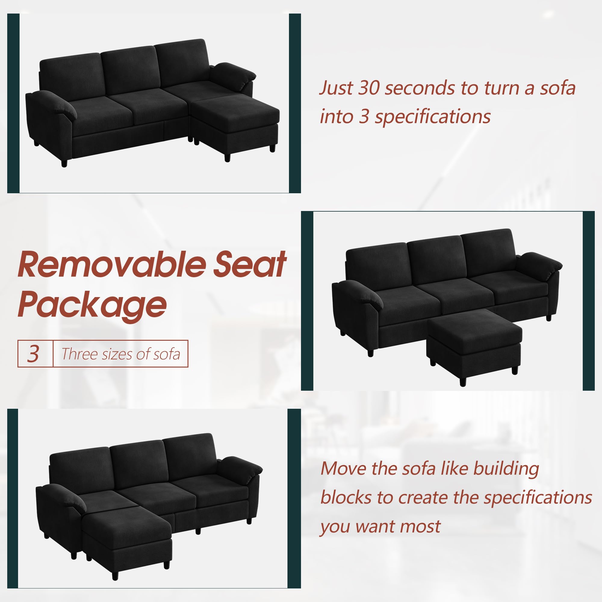 Vongrasig 79" Convertible Sectional Couch, 3 Seat L Shaped Sofa with Removable Pillows Linen Fabric Small Couch Mid Century for Living Room, Apartment and Office (Black)
