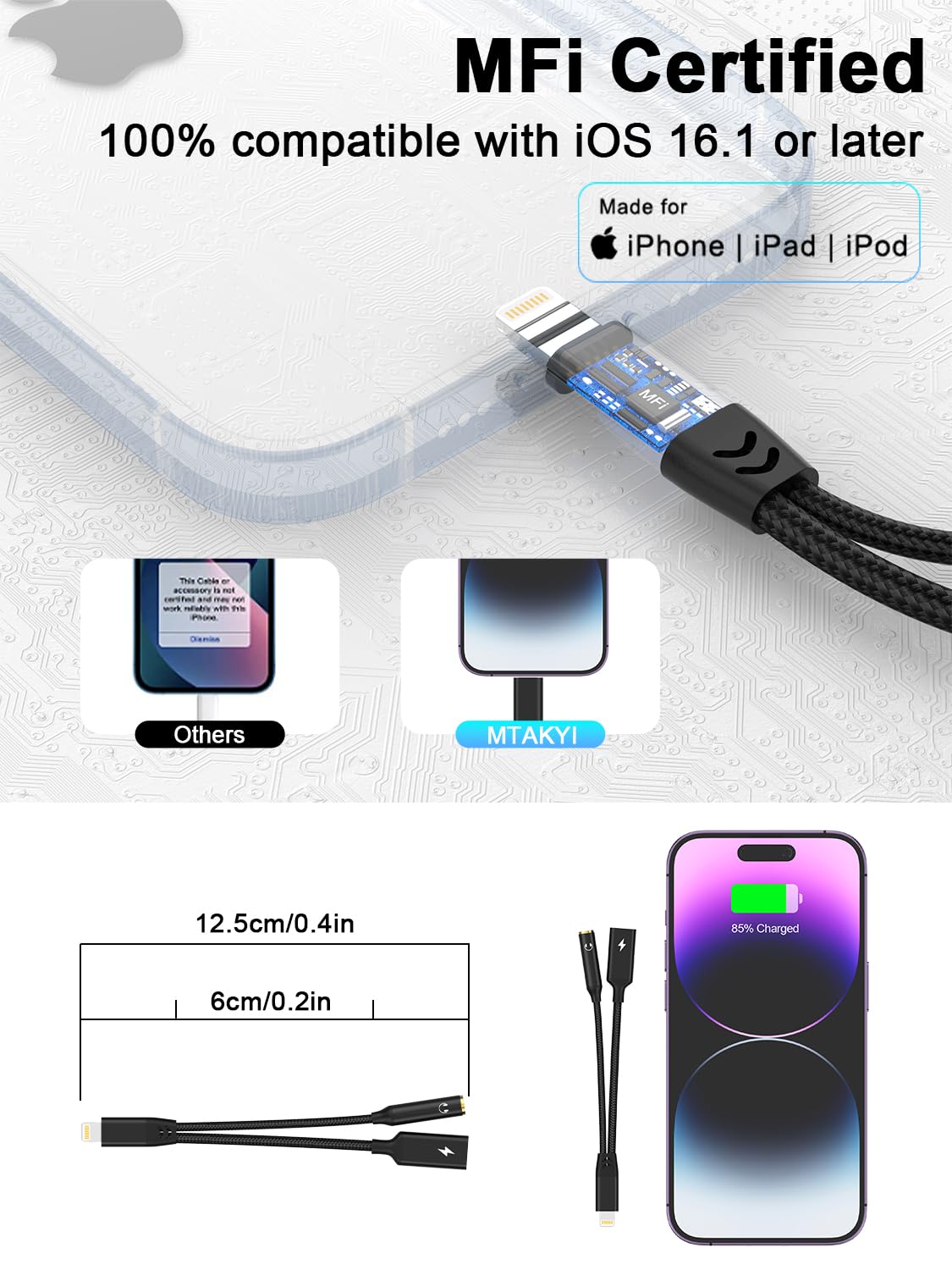 iPhone Headphone and Charger Adapter 2-in-1 Lightning to 3.5mm AUX Audio + Lightning Charger Splitter Dongle for iPhone 14/13/12/11 Pro Max/Pro/Plus/Mini/XR/XS/8/7 Plus Apple MFi Certified Black