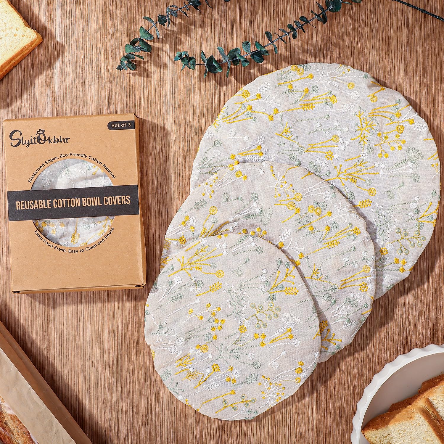 Slyitokbhr Reusable Bowl Covers for Bread Proofing Baking Embroidered Dandelion Linen Cotton Cloth Fabric Washable with Elastic Cover for Food Fruit Salad Eco-friendly (Beige Dandelion)