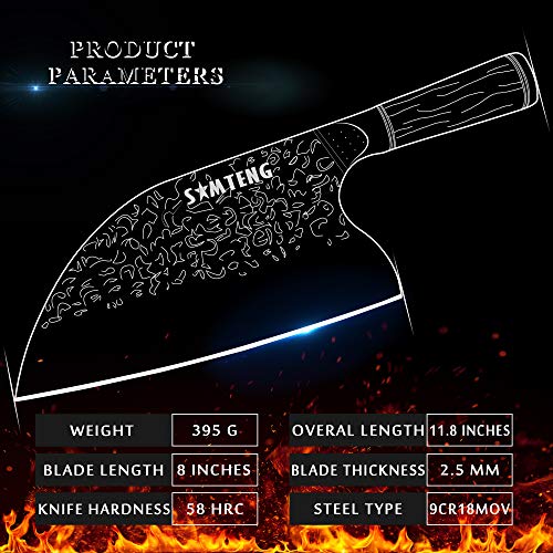 SMTENG Effort Saving Kitchen Knife 8 inch-High Carbon Clad Steel Hammered Chinese Knife with Pakkawood Handle,Butcher Meat Cleaver knives Vegetable Cutting Slicing Knife