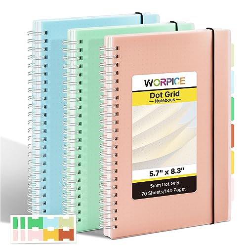 WORPICE Dotted Spiral Notebook - 3 Pack Bullet Dotted Journal A5, 5.7" x 8.3" Dotted Grid Journal, 70 Sheets/140 Pages Per Dotted Notebook, 120gsm Thick Dotted Paper, Green, Blue, Pink