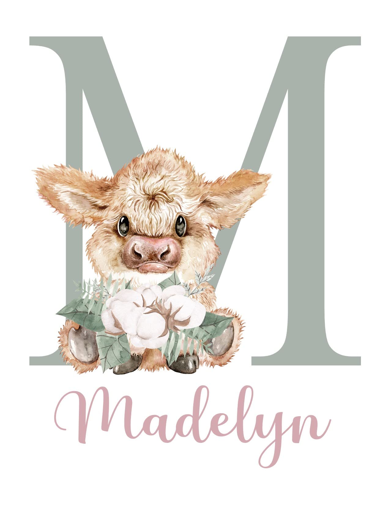 Personalized Watercolor Highland Cow Sage Green and Dusty Rose Rustic Cotton Farmhouse Baby Nursery Unframed Print