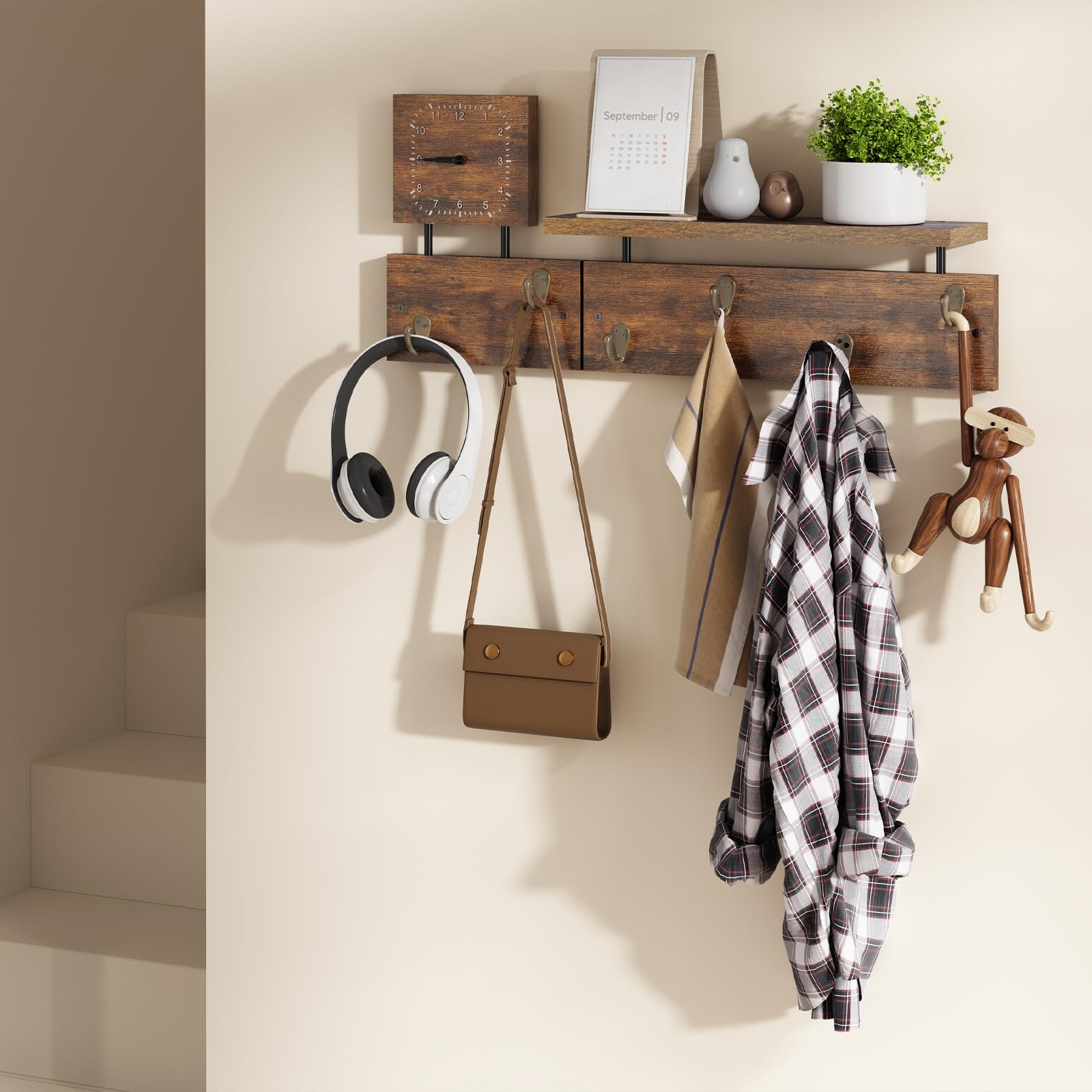 X-cosrack Coat Rack Wall Mount, Wooden Wall Mounted Storage Rack with Clock and 6 Hooks,Hanging Coat Rack with Shelf for Entryway, Bathroom, Living Room, Bedroom