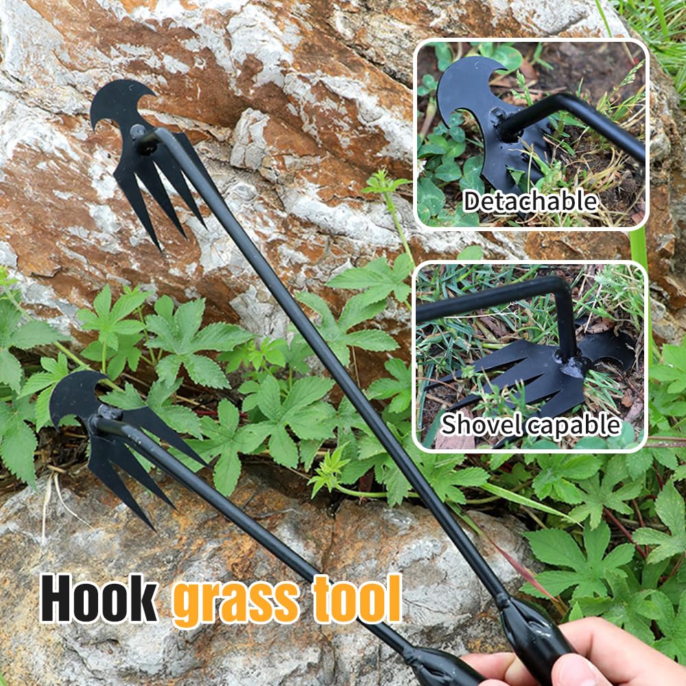ROWPOZ Weeding Artifact Uprooting Weeding Tool, Weed Puller Tool Garden Weed Pulling Tool 4 Teeth Manganese Steel, Garden Hand Weeder Tool with Handle for Vegetable Gardening Backyard Farm