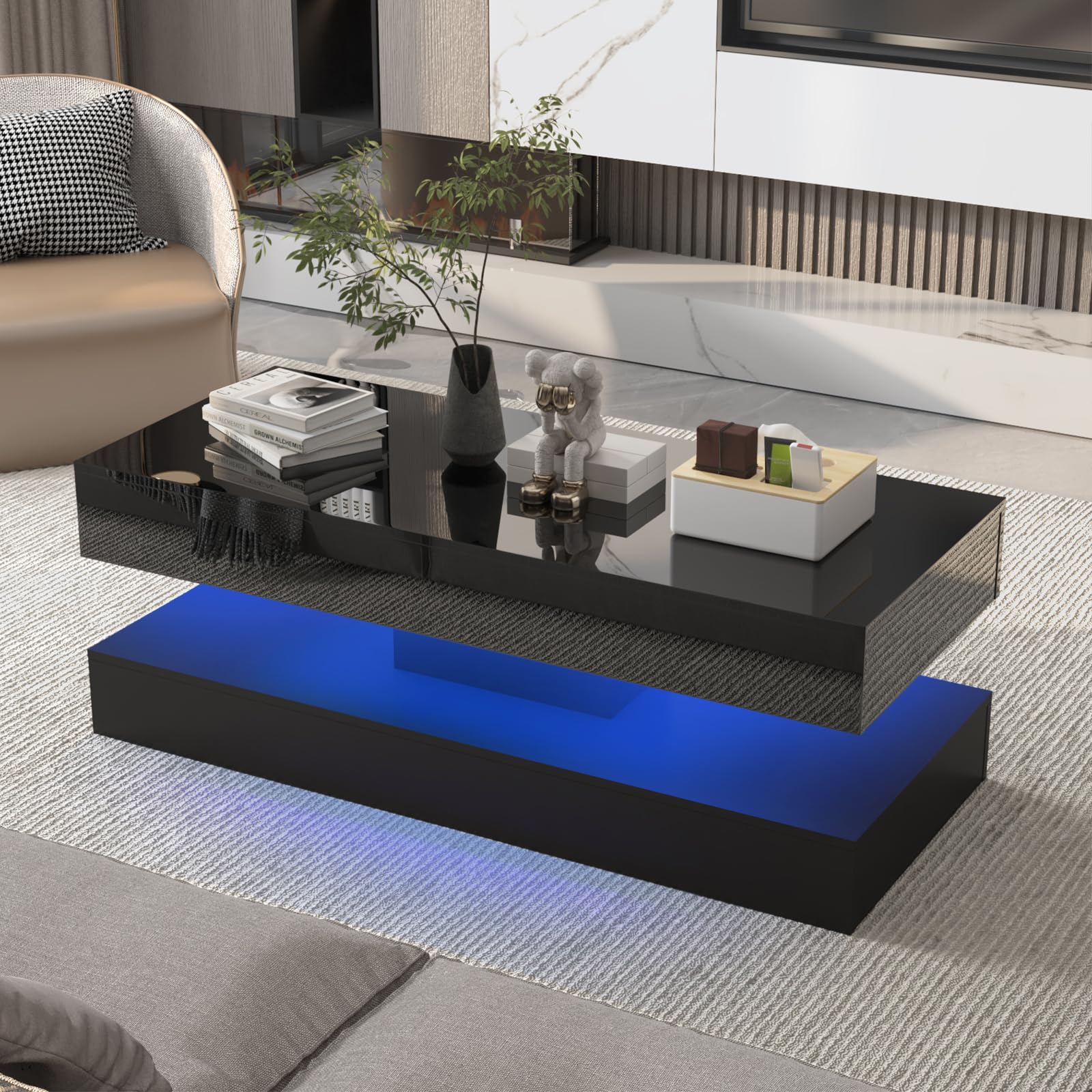 Uspeedy 47.3IN High Glossy LED Coffee Table,APP LED Lights,Black/White, Modern Furniture for Living Room (White)