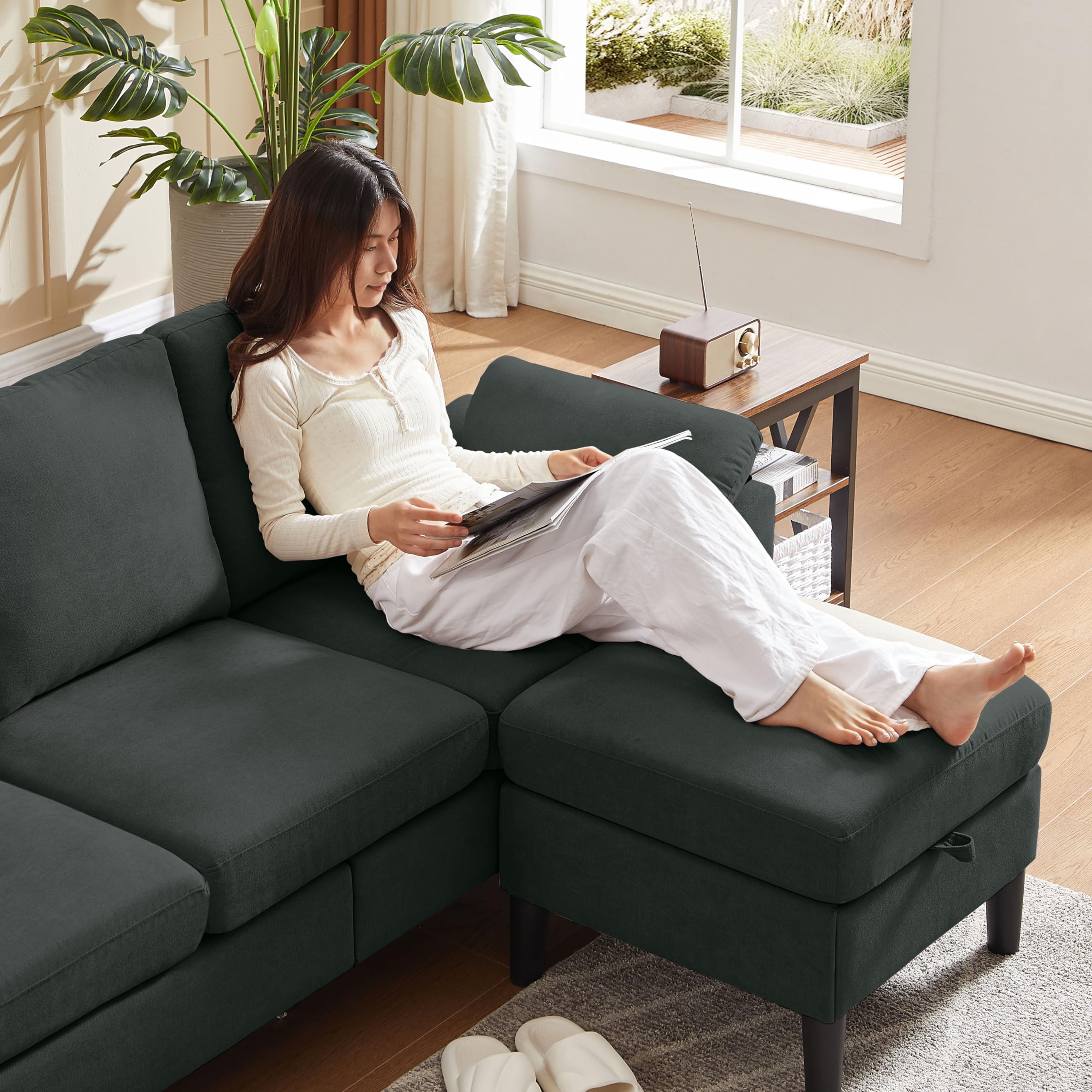 Soscana Sectional Sofa,82" L Shaped 3 Seater Couch with Movable Ottoman Armrest Pillow Polyster Fabre for Small Spaces, Beige