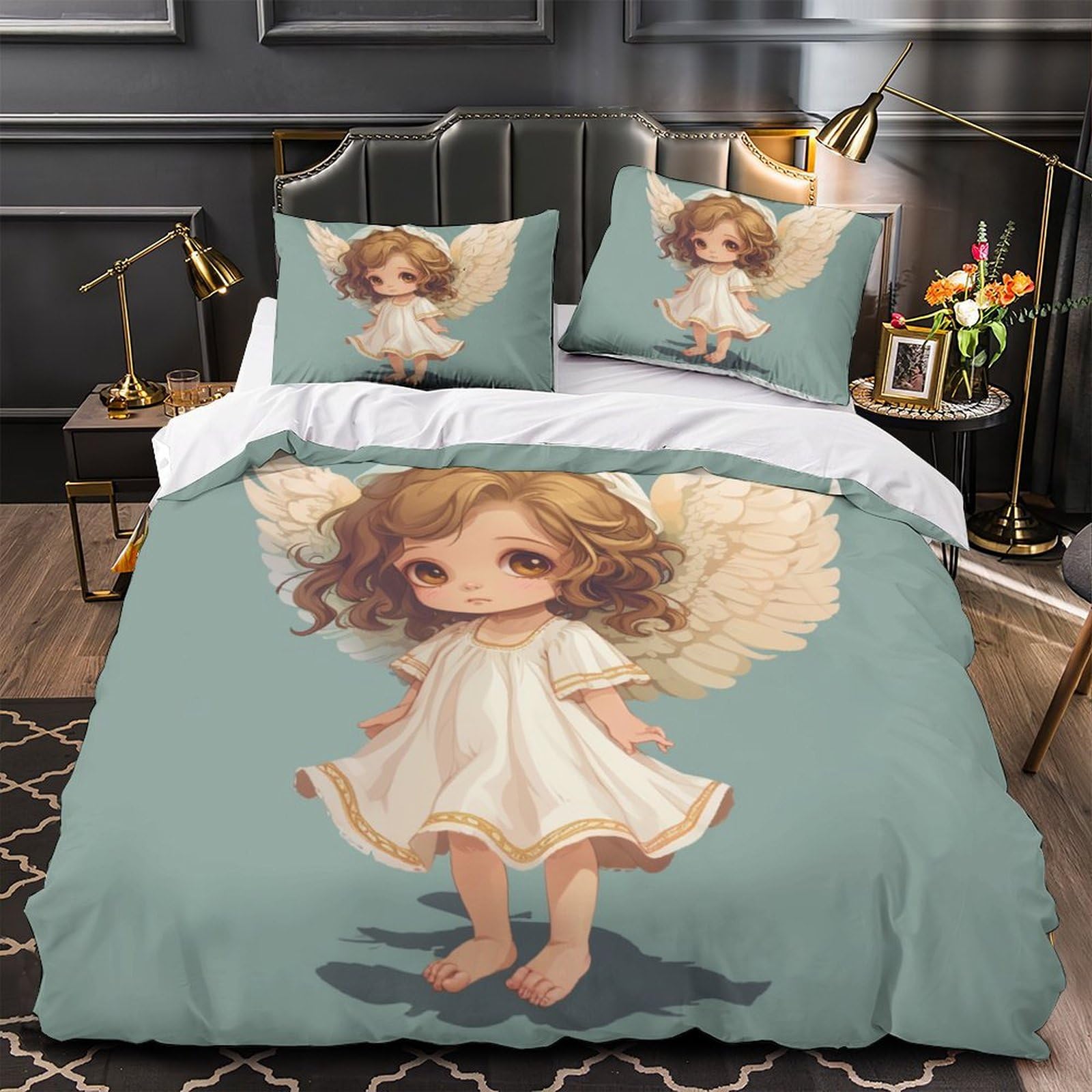 SorEci Angel with Wings Comforter Covers 3D Printed Cute Style Duvet Cover Quilt Cover Bedding Set Microfiber for Childrens and Adults with Pillowcases 3 Pieces with Zipper Closure Queen(228x228cm)
