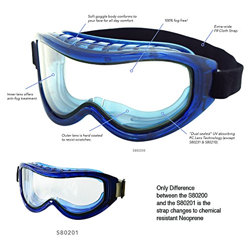 Sellstrom Safety Goggles β Odyssey II Eye Protection, S80200, Anti Fog, Scratch Resistant, Latex Free Protective Eye Shield for Men and Women with Dual Panel Clear Lens, Blue Frame