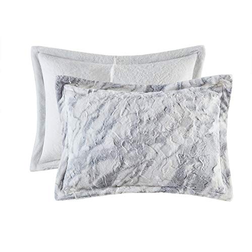 Madison Park Lana Soft Plush Comforter Set, Long Faux Faux Fur Marble Pattern, Faux Mink On The Reverse, Modern All Season Down Alternative Bedding Set with Matching Sham, King, Grey/Blue 3 Piece