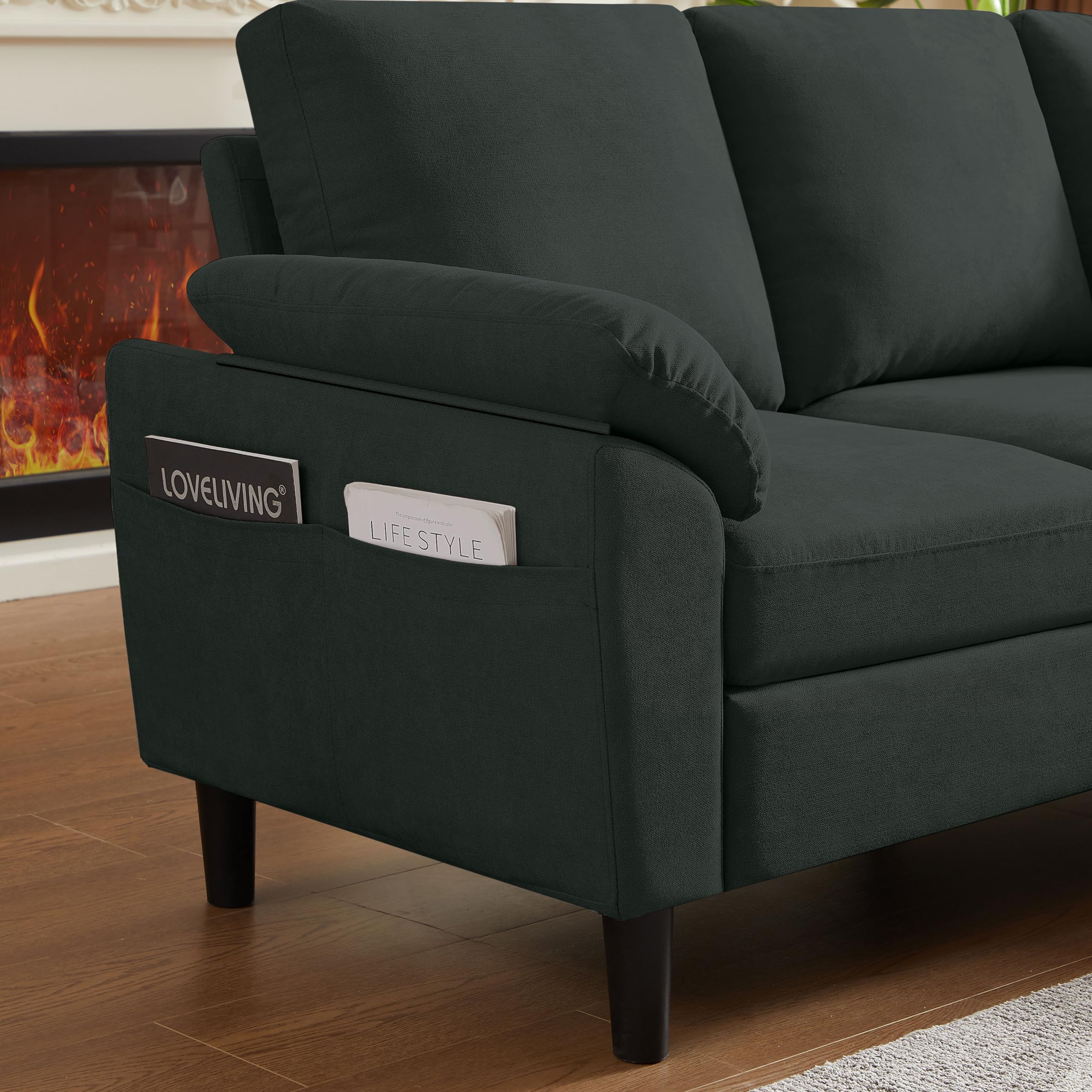 Soscana Sectional Sofa,82" L Shaped 3 Seater Couch with Movable Ottoman Armrest Pillow Polyster Fabre for Small Spaces, Beige
