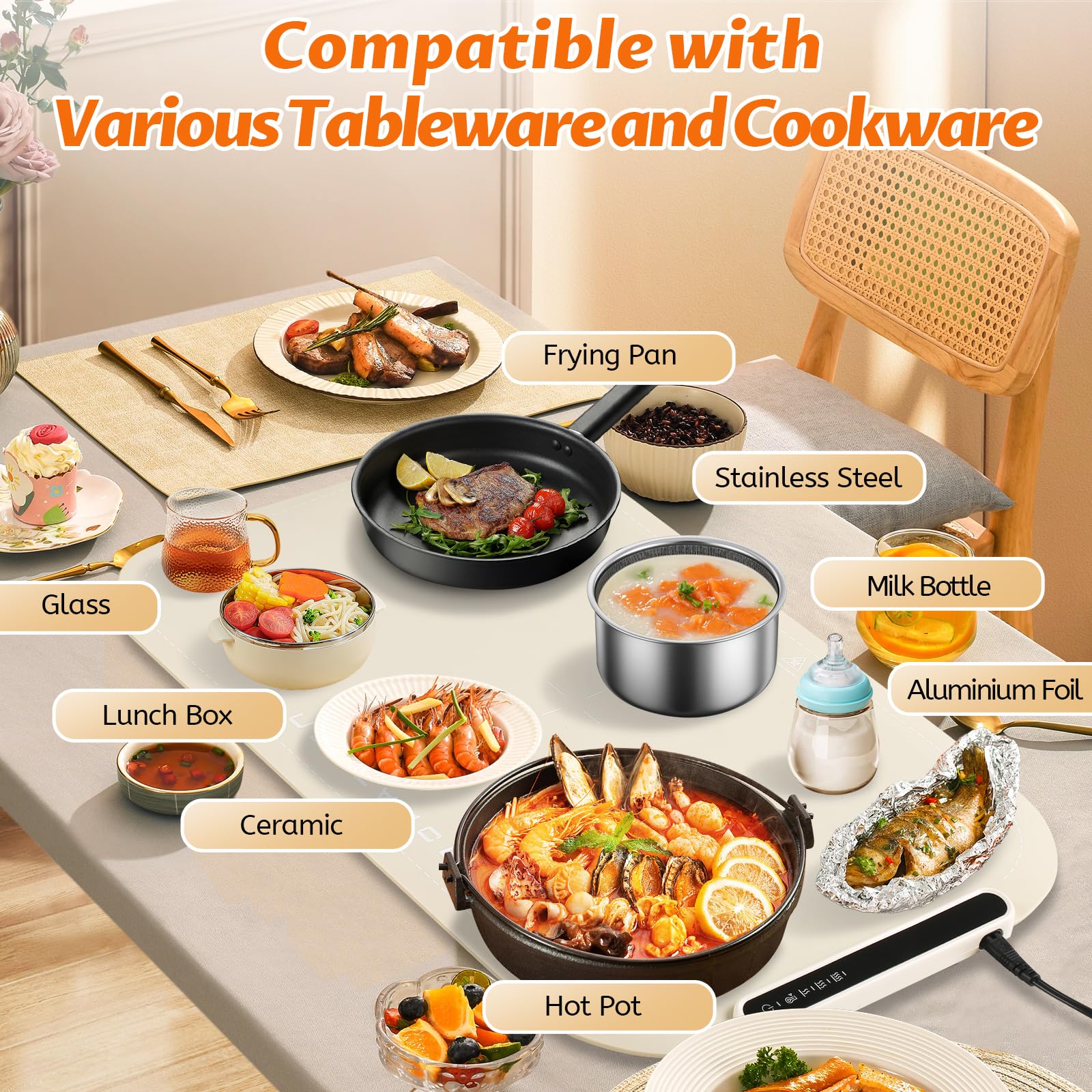 UBALANCE Electric Warming Tray Food Warmer Mat, Full Surface Silicone Heating Pad, 3 Adjustable Temperature Foldable Portable Hot Plate for Buffets Party Daily Use Gathering Catering (Beige)
