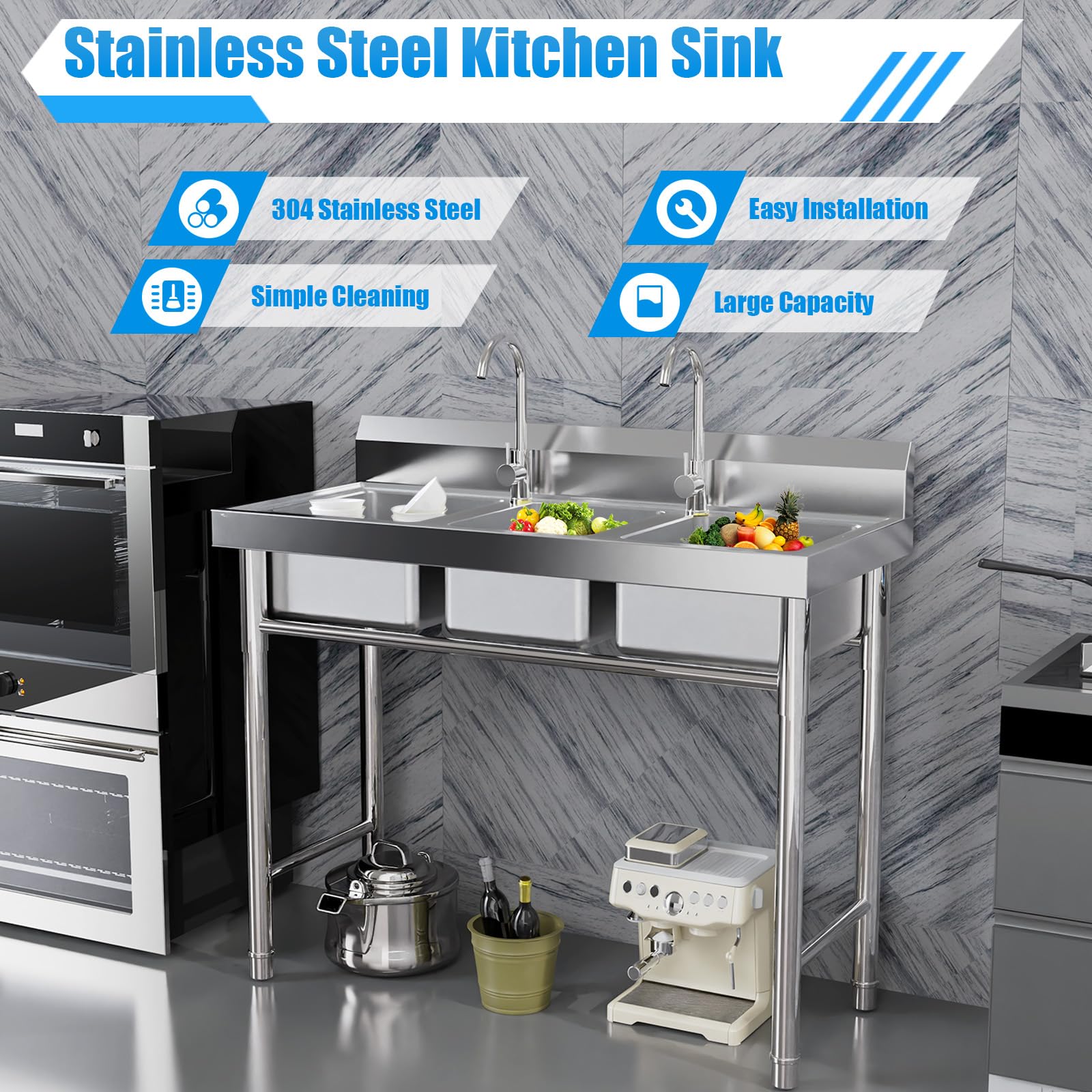 Surneis Sink, Stainless Steel Sinks, Commerical Sink Cooking Sink 3-Compartment H-shaped construction Food Truck Sink 304 Stainless Steel Utility Sink for Use In Restaurants, Canteens, Snack Bars