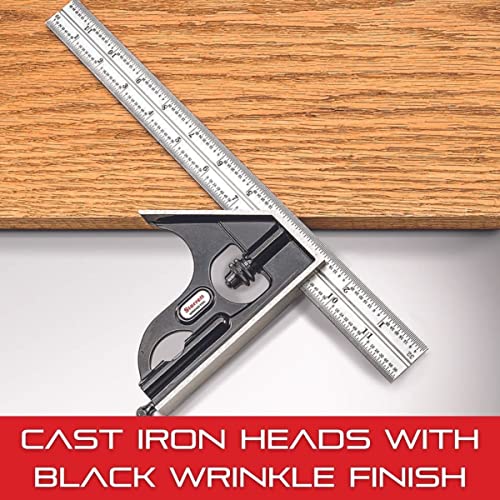 Starrett Combination Set with Square, Center and Non-Reversible Protractor Head and Blade - 12" Blade Length, Hardened Steel, 4R Graduation Type - 9-12-4R