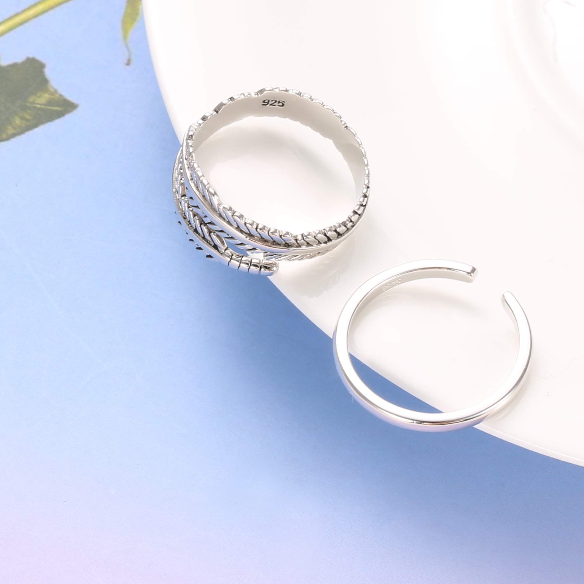 JOERICA 925 Sterling Silver Rings for Women Adjustable Feather Ring Statement Leaf Ring Open Stackable Plain Wedding Band Ring