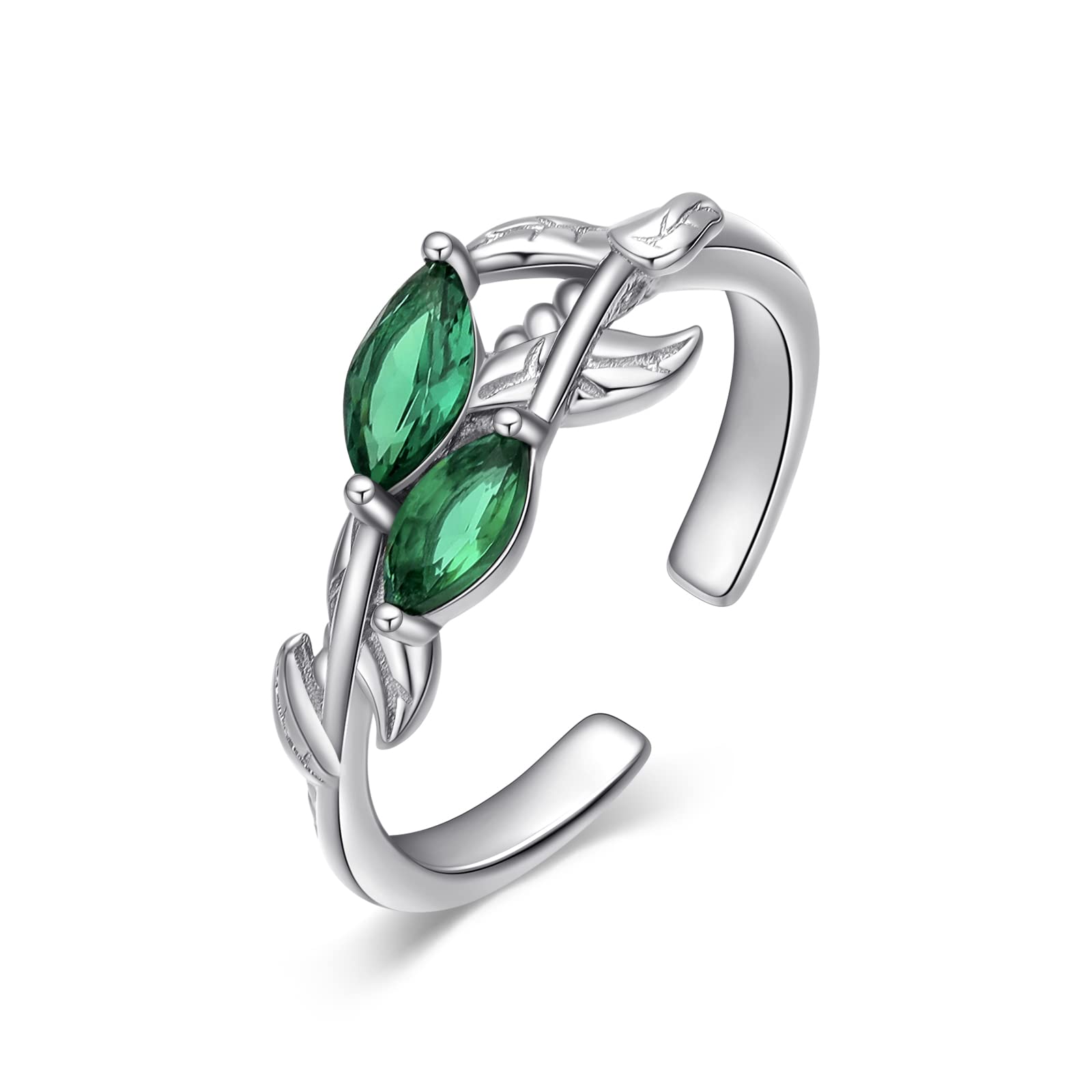 PRAYMOS Leaf Rings 925 Sterling Silver Cubic Green Zircon Adjustable Open Leaf Ring Handmade Jewelry Women's Wedding Engagement Ring