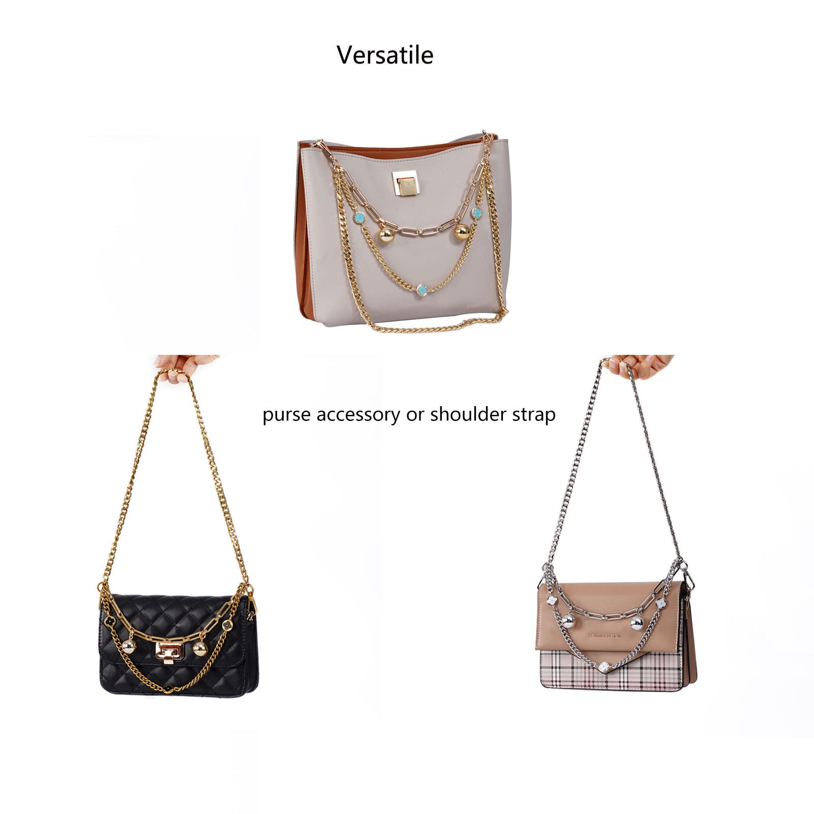 Multi Stylish Metal Purse Strap Bag Chain Handle Shoulder Strap Replacement Accessoires for Handbag (Silver)