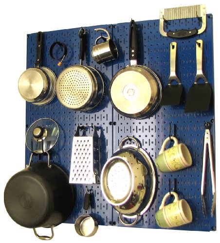 Wall Control Kitchen Pegboard Organizer Pots and Pans Pegboard Pack Storage and Organization Kit with Blue Pegboard and Black Accessories