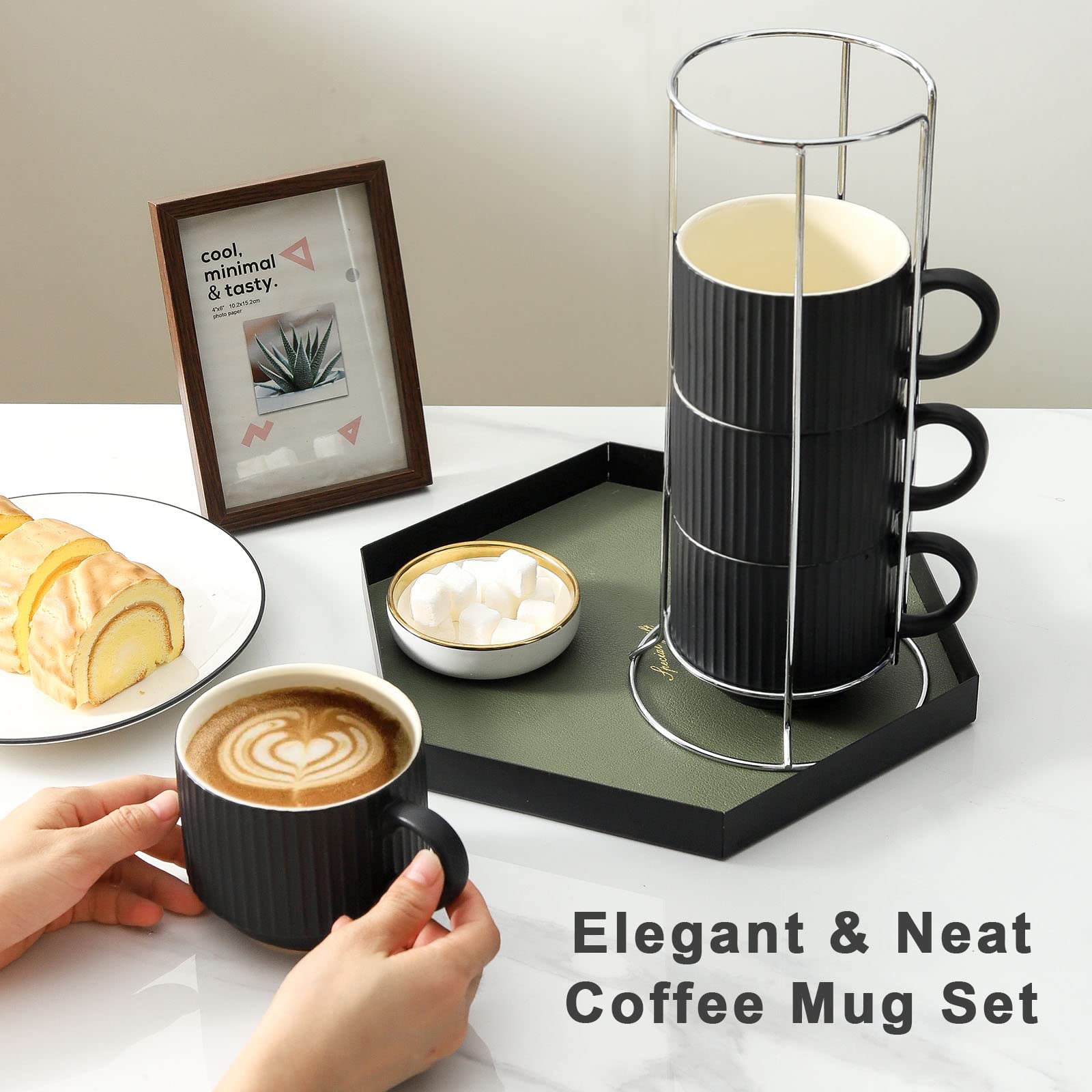 Hasense 15 OZ Stackable Coffee Mugs Set of 4 - Ceramic Embossed Coffee Cups Large Porcelain Restaurant Drinking Cups with Rack Perfect for Coffee, Tea, Cocoa, Milk and Latte, Green