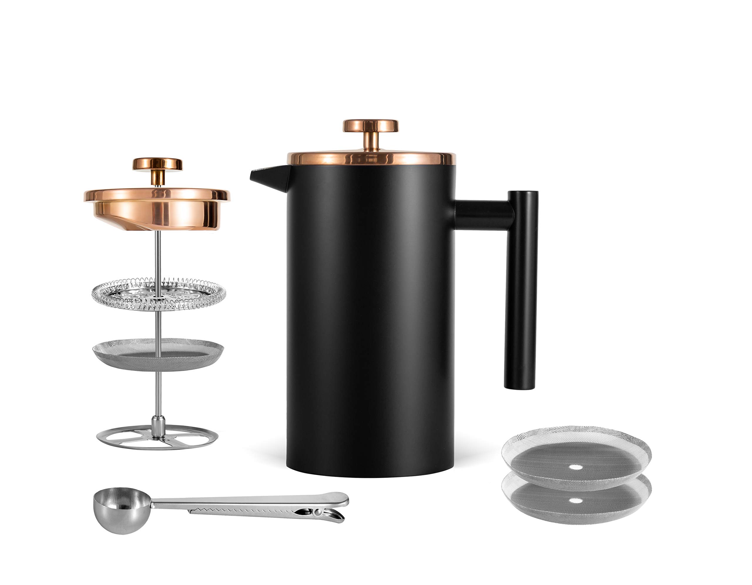 Meelio Black French Press Coffee Maker 12oz, Stainless Steel Double Wall Insulated Coffee Press with Rose Gold Metal Lid, Included 2 Extra Screens and 1 Coffee Spoon, 350ml