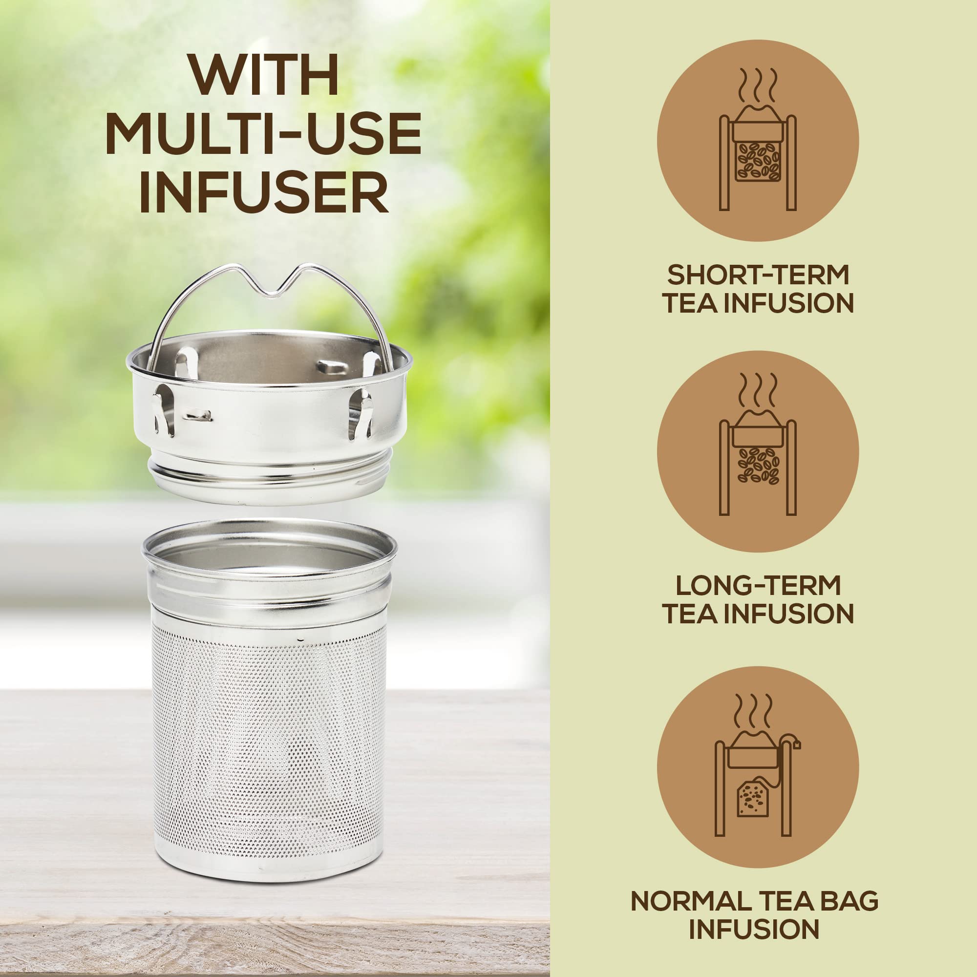 LeafLife Premium Bamboo Thermos with Tea Infusers for Loose Tea 17oz - Hot & Cold for 12 Hrs - Tea Accessories - Long Handled Tea Strainers - Unique Gifts for Women, Tea Gift Set for Women