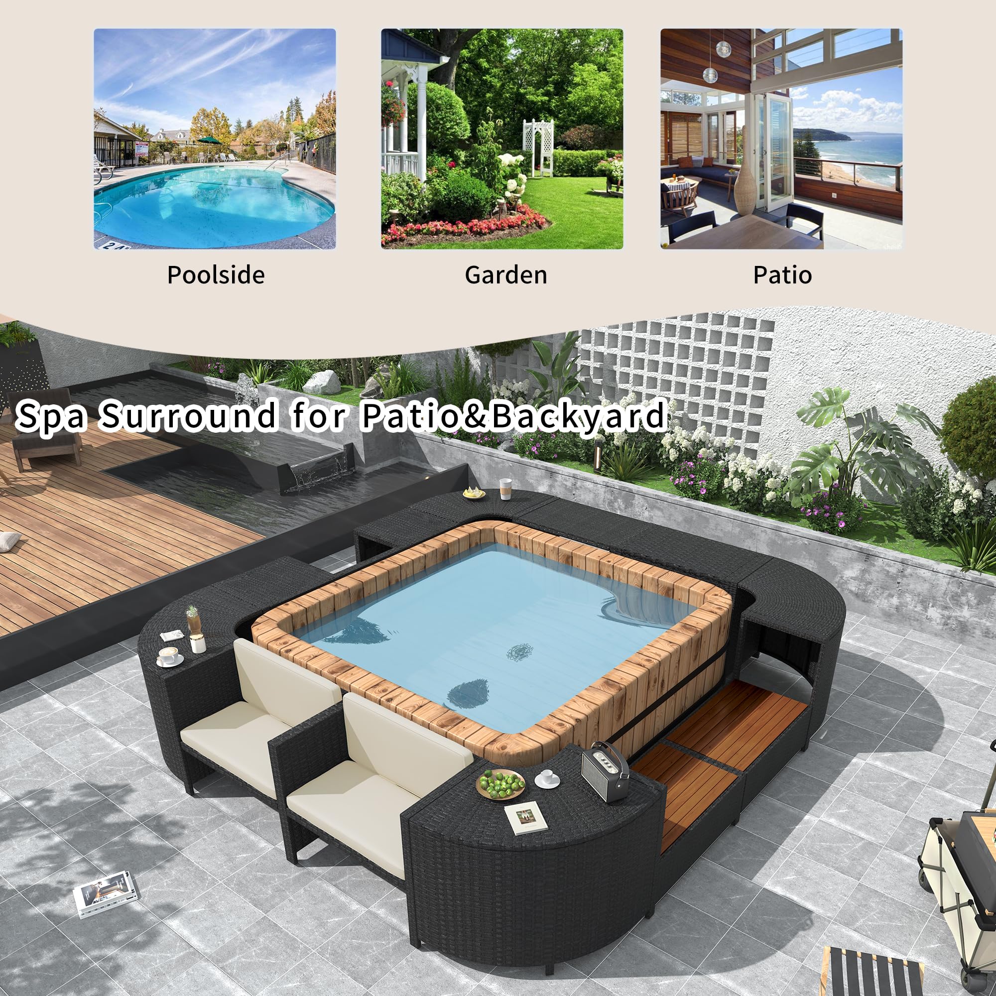 UD.houselife Spa Surround Spa Frame Quadrilateral Outdoor Rattan Sectional Sofa Set with Mini Sofa,Wooden Seats and Storage Spaces (Beige)