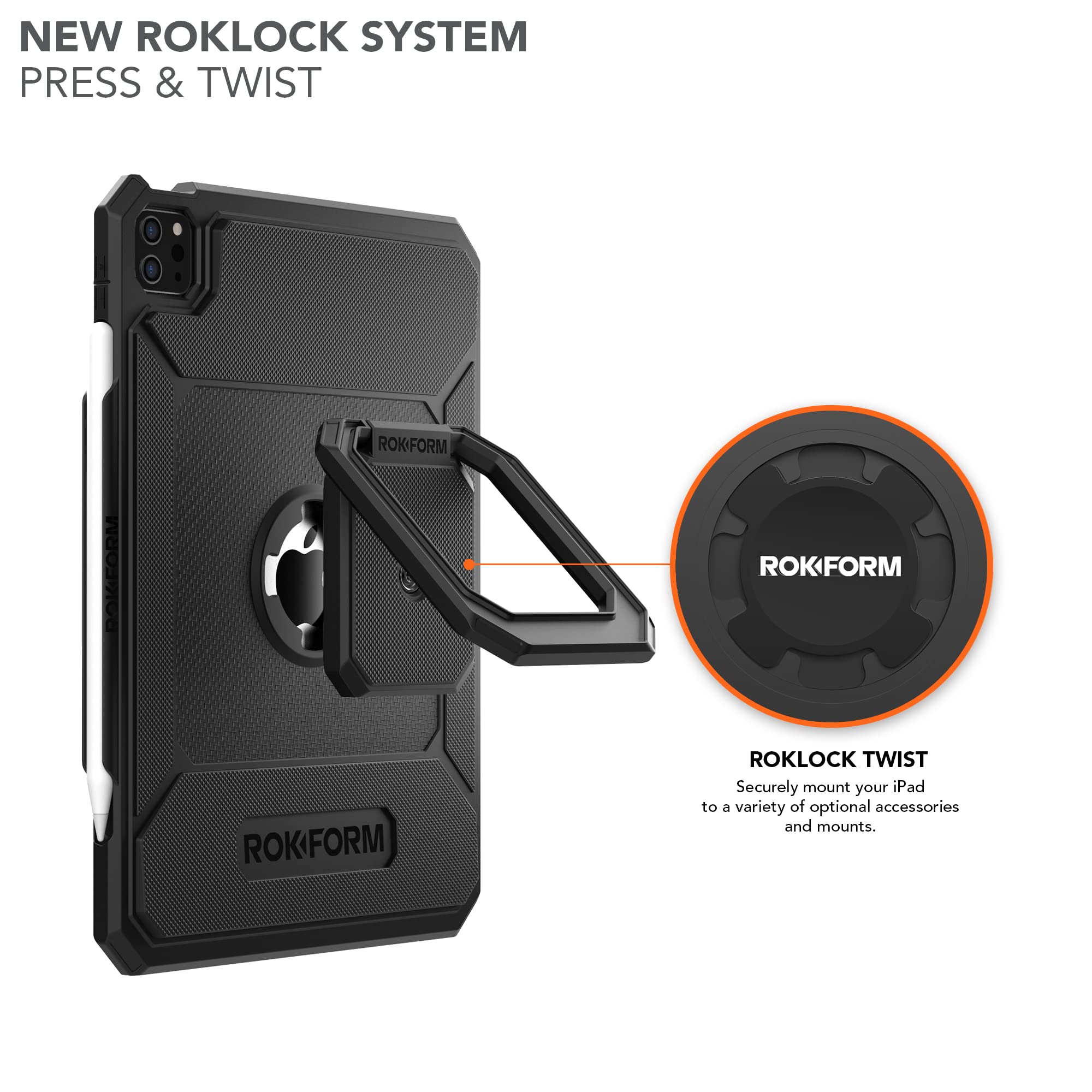Rokform - iPad Kickstand Grip, Adjustable for Portrait and Landscape Mode, Folds Flat, Doubles as Handle, Compatible with The Rugged iPad Case (Black)