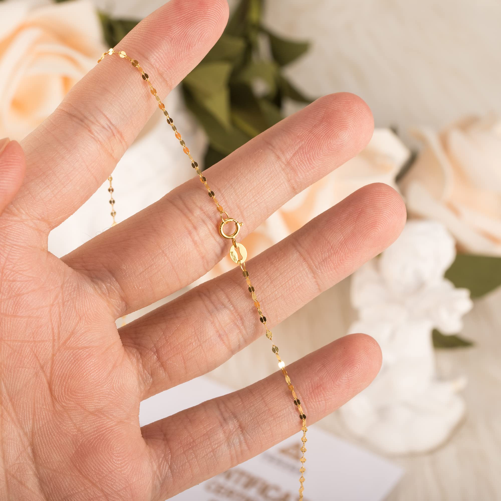 LANCHARMED Solid 18K Gold Necklace for Women 1.2mm Dainty Thin Lip Chain Necklace with Spring Ring Clasp Au750 Stamped