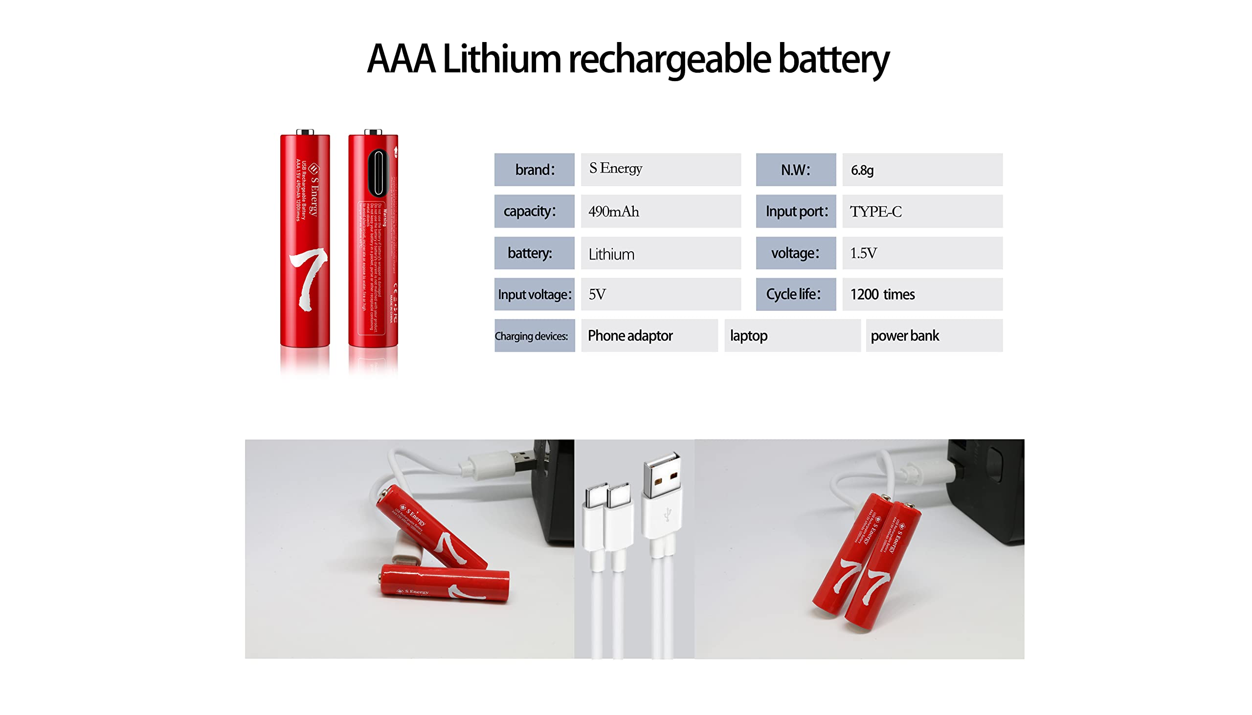S Energy USB Rechargeable AAA Batteries, High Capacity Lithium Polymer 1.5V 490mAh Battery, 1.5 H Fast Charge, 1200 Cycle with Type C Port Cable, Constant Output2-Pack